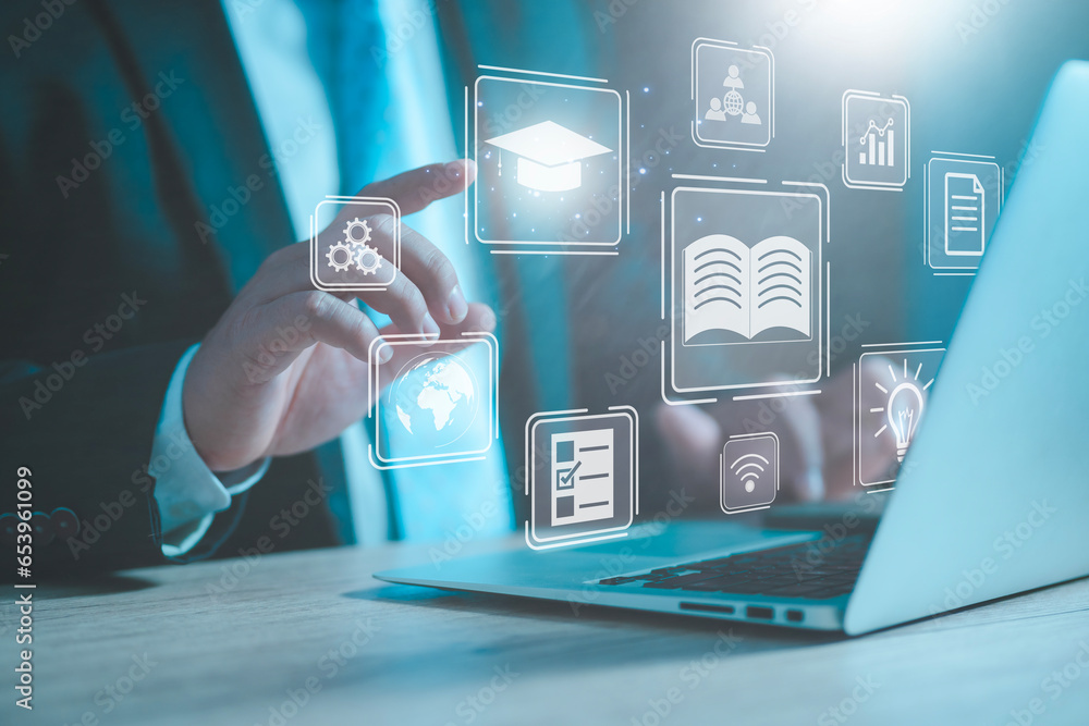 Concept of Online education. man use Online education training and e ...