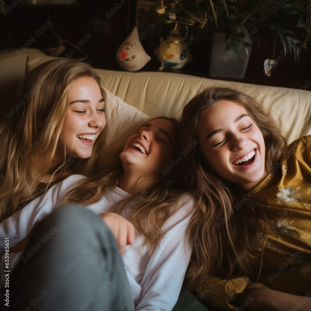 Heartfelt Moments at Home: Three Teen Sisters Laughing Together on a ...