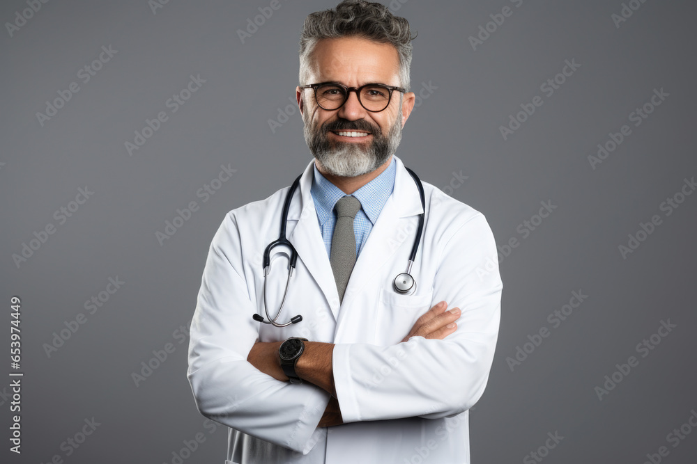 Professional man wearing white lab coat and holding stethoscope. This ...