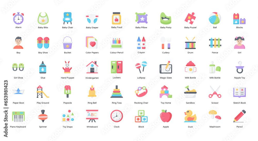 Kindergarten Flat Icons Baby Education Children Iconset 50 Vector Icons ...