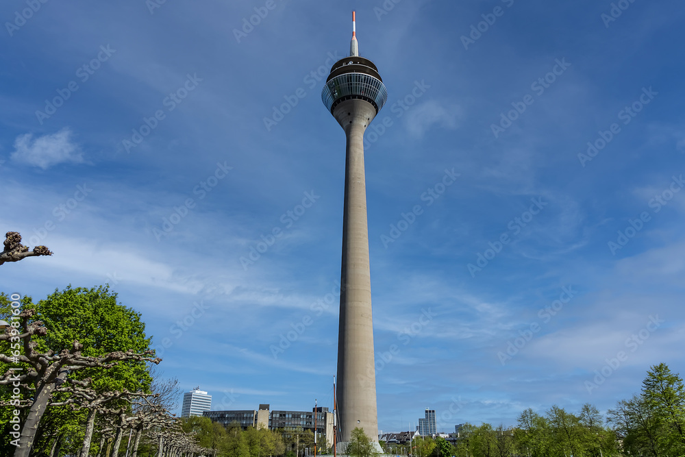 240m-tall Dusseldorf Rheinturm TV tower. Rhine tower (Rheinturm, built ...