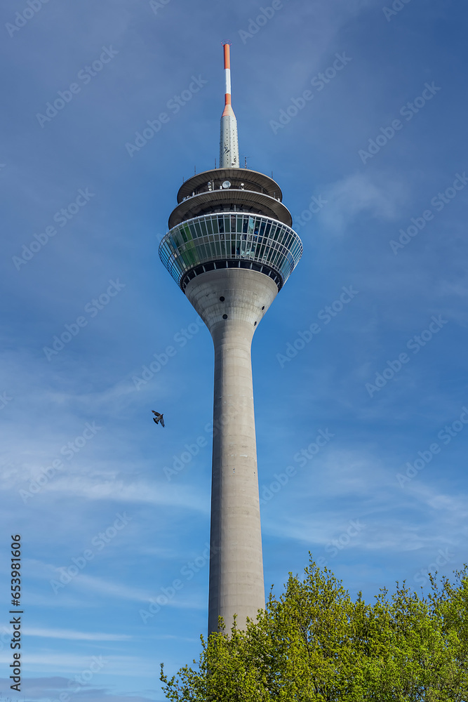 240m-tall Dusseldorf Rheinturm TV tower. Rhine tower (Rheinturm, built ...