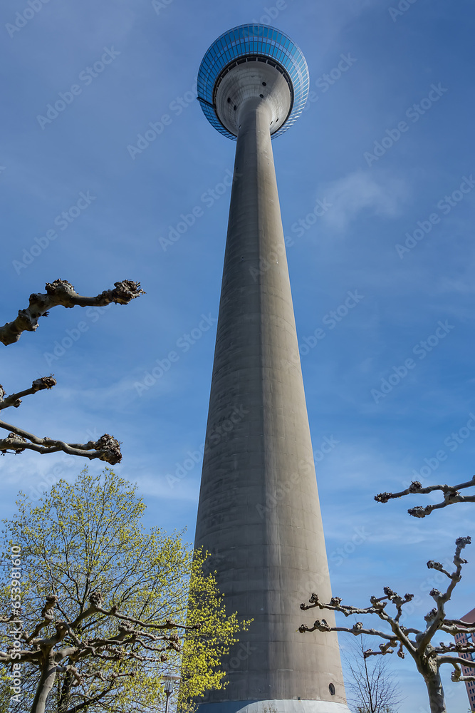 240m-tall Dusseldorf Rheinturm TV tower. Rhine tower (Rheinturm, built ...