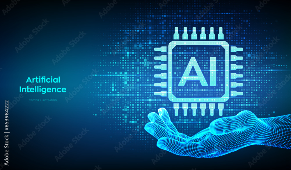 AI. Artificial intelligence. AI icon made with binary code in wireframe ...