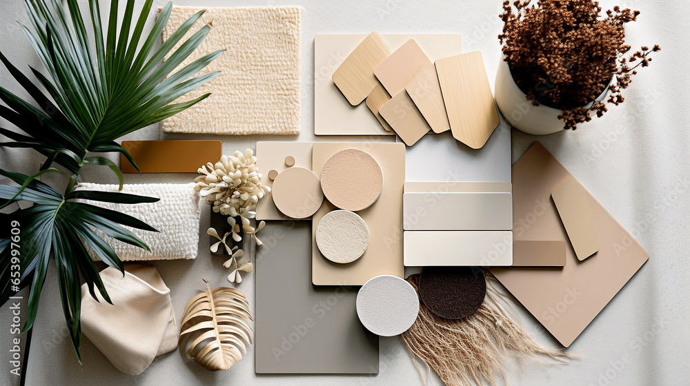 Creative flat lay composition stone, cork, tiles and textiles panel ...