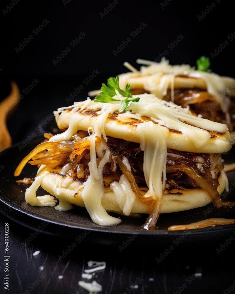 A visually striking closeup shot capturing the indulgence of an arepa ...