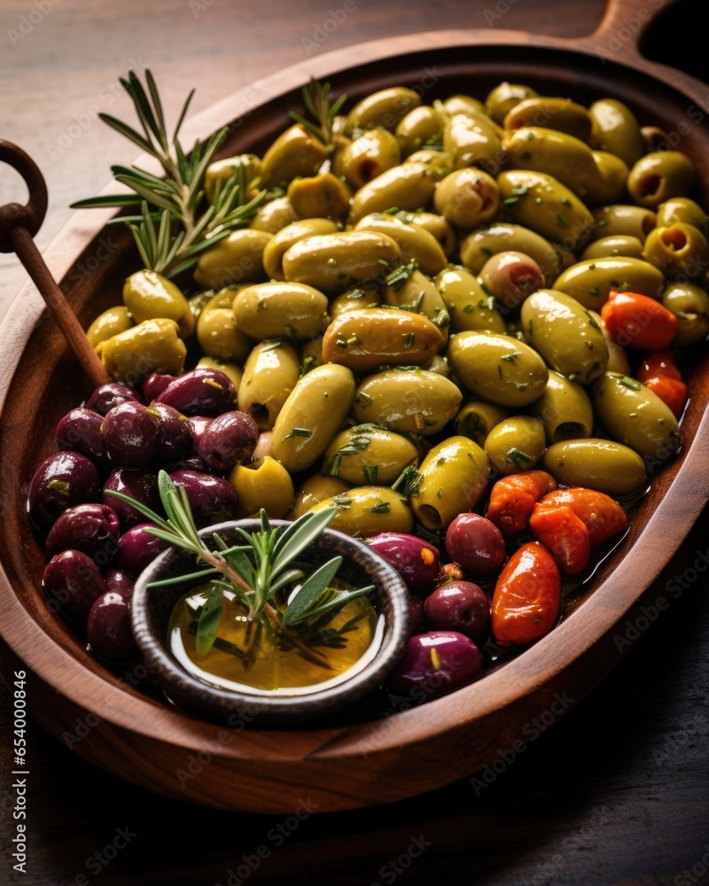 A visually pleasing image of a tray of pickled olives, highlighting the ...