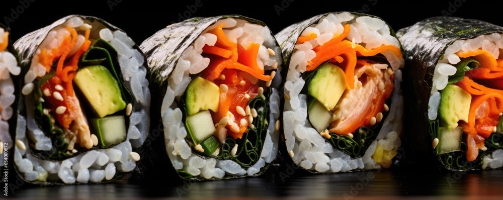 An artistic closeup shot of freshly rolled kimchi sushi, known as ...