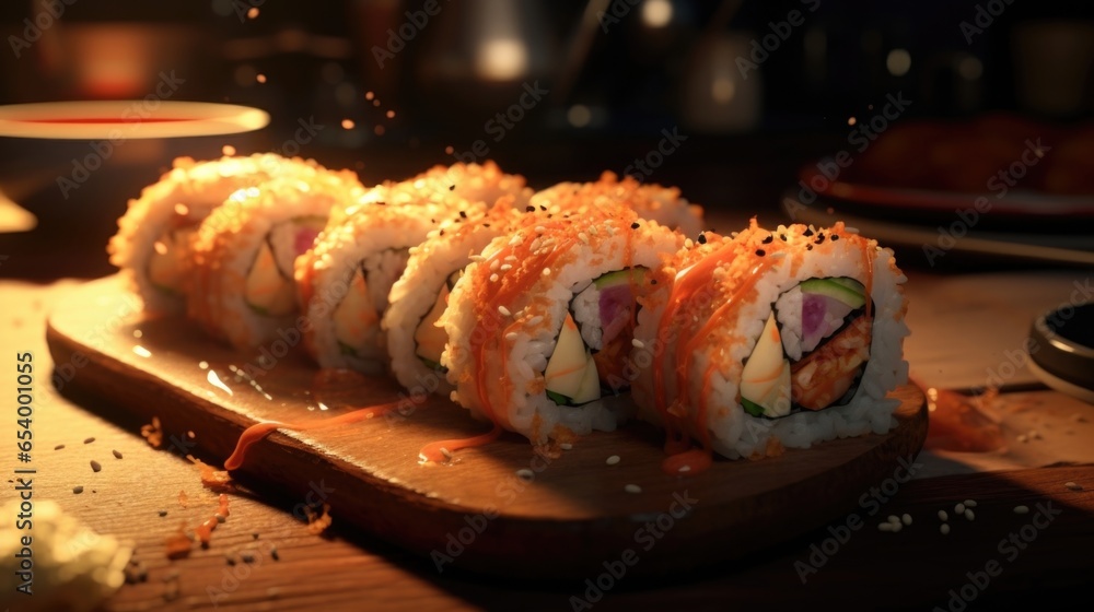 This sushi roll is a bitesized explosion of flavors, featuring a daring ...