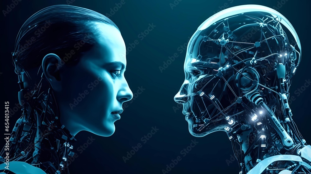 Half human talking to a robot in the future. AI futuristic machine and ...