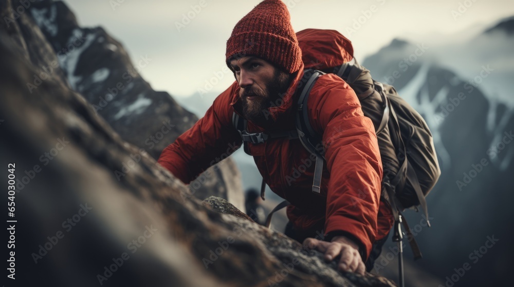 a closeup candid photo of a professional mountain climber climbing on ...