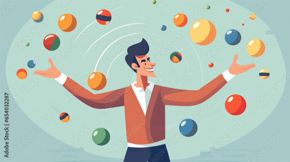 A character is shown juggling multiple balls labeled with different ...