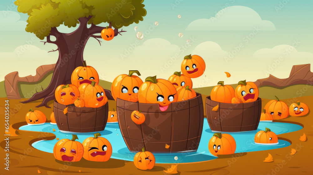 Characters bobbing for apples in a barrel filled with floating pumpkins ...