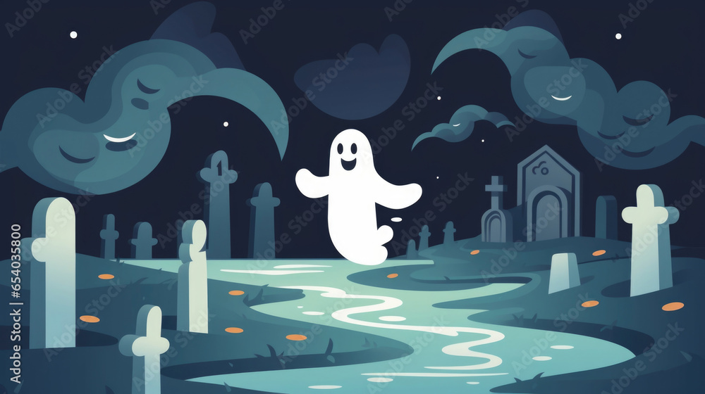 A ghost floating through a graveyard, leaving behind a trail of ...