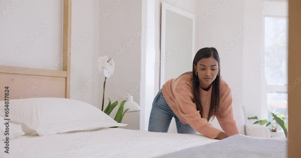 Woman, making up bed and chore in bedroom, morning routine and neat or ...