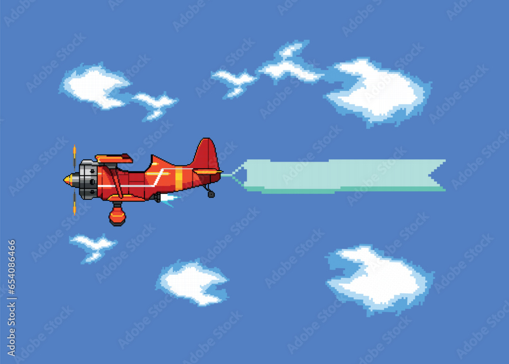 Pixel art biplane plane icon for 8 bit game on light blue background ...