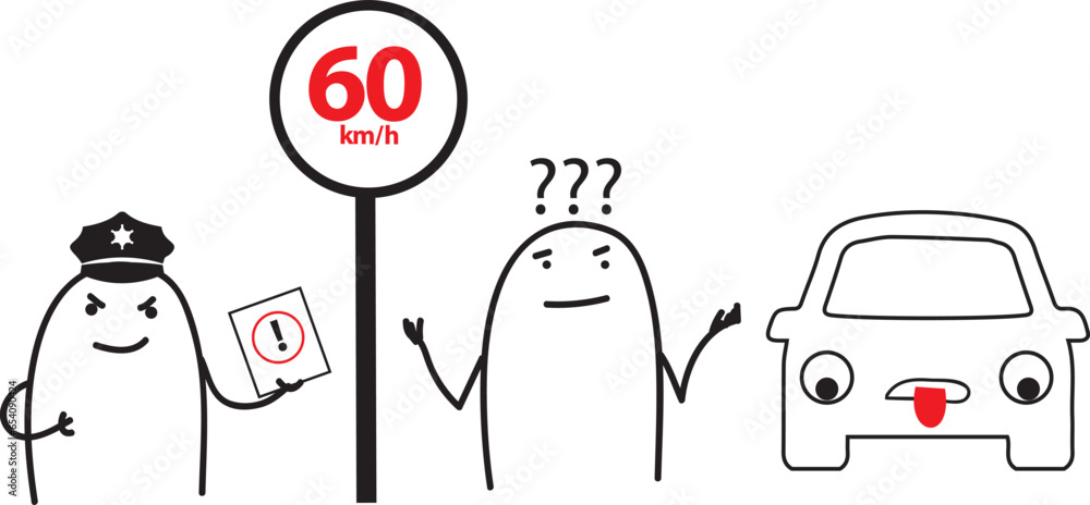 Thumb man. Penalty for speeding. Traffic warden warning driver for a ...