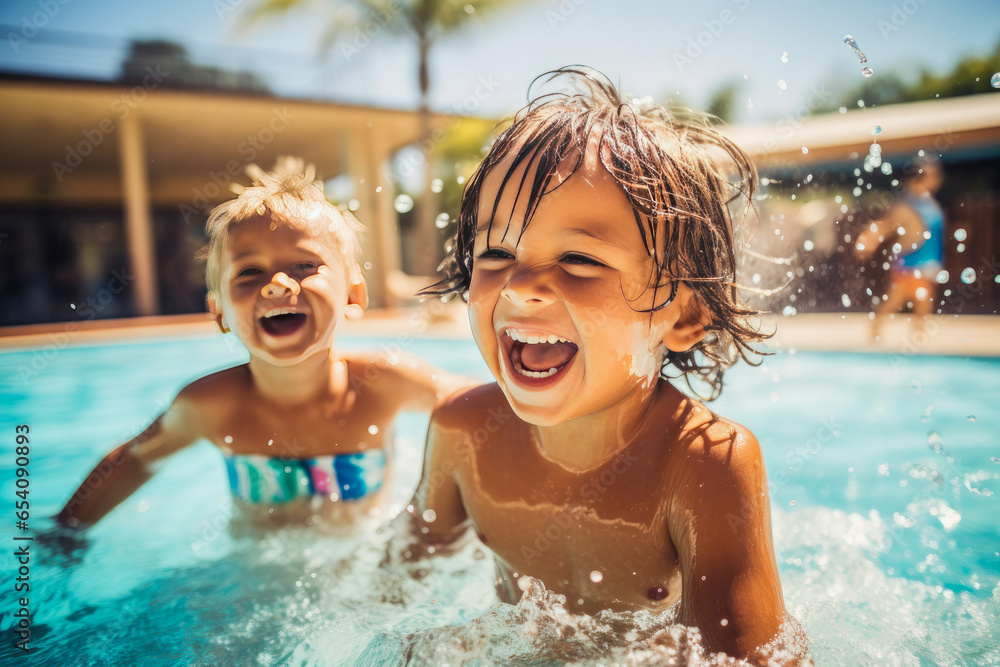 Joyful young children, sharing smiles, water splashes and laughter as ...
