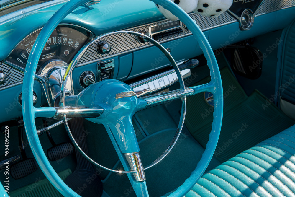Snohomish, WA, USA - 25 September 2022. Interior of blue Chevrolet Bel ...