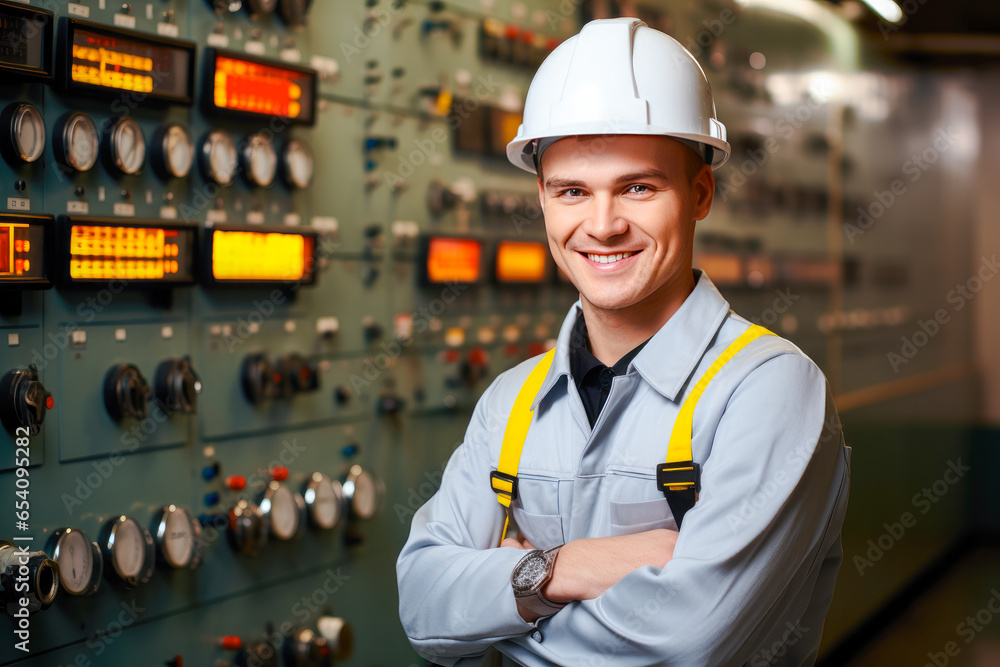 Portrait of proud smiling electrical engineer with hard hat in front of ...