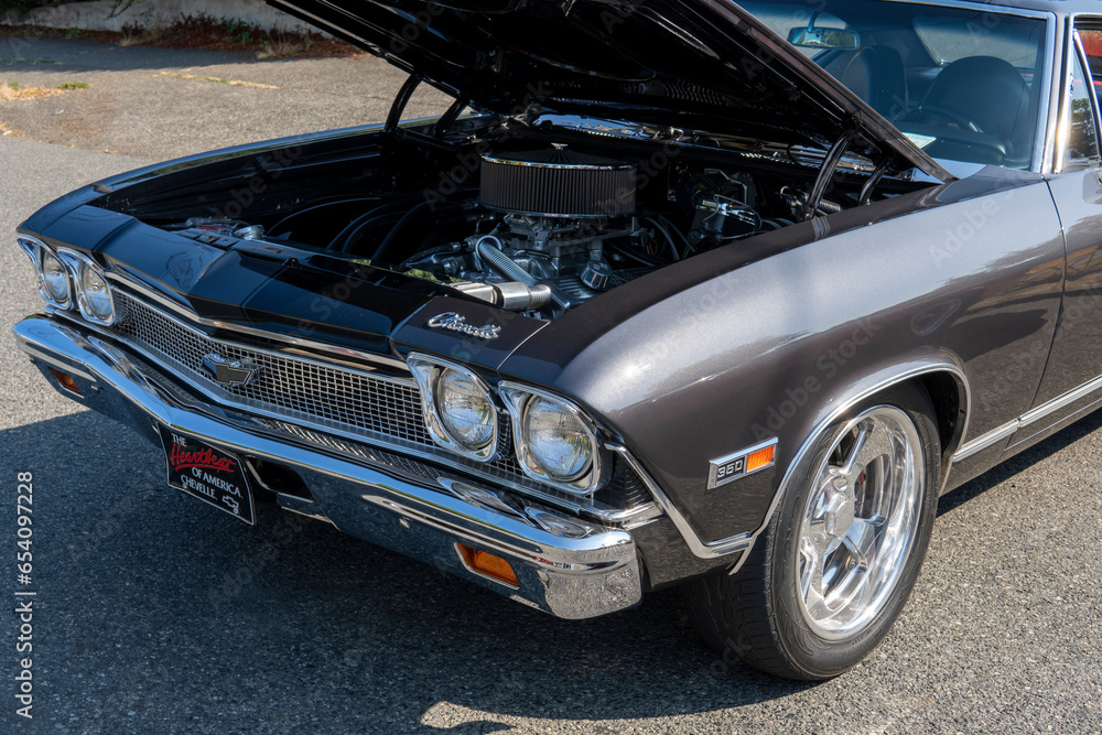 Snohomish, WA, USA - 25 September 2022. Headlights of grey Chevrolet ...