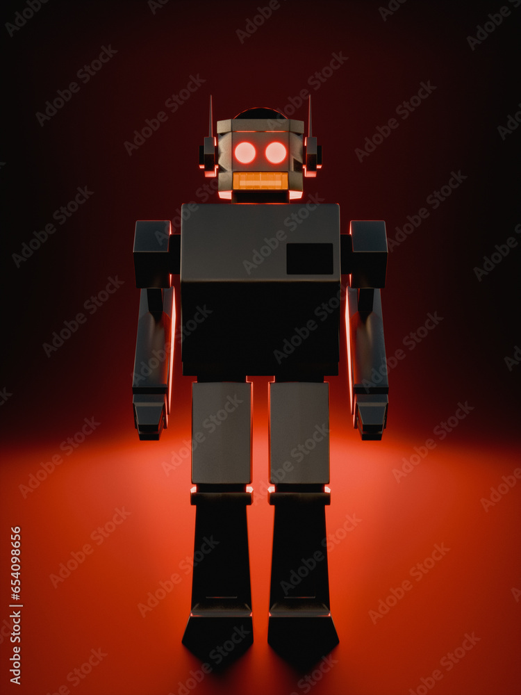 Evil metallic robot on red background, artificial intelligence retro ...