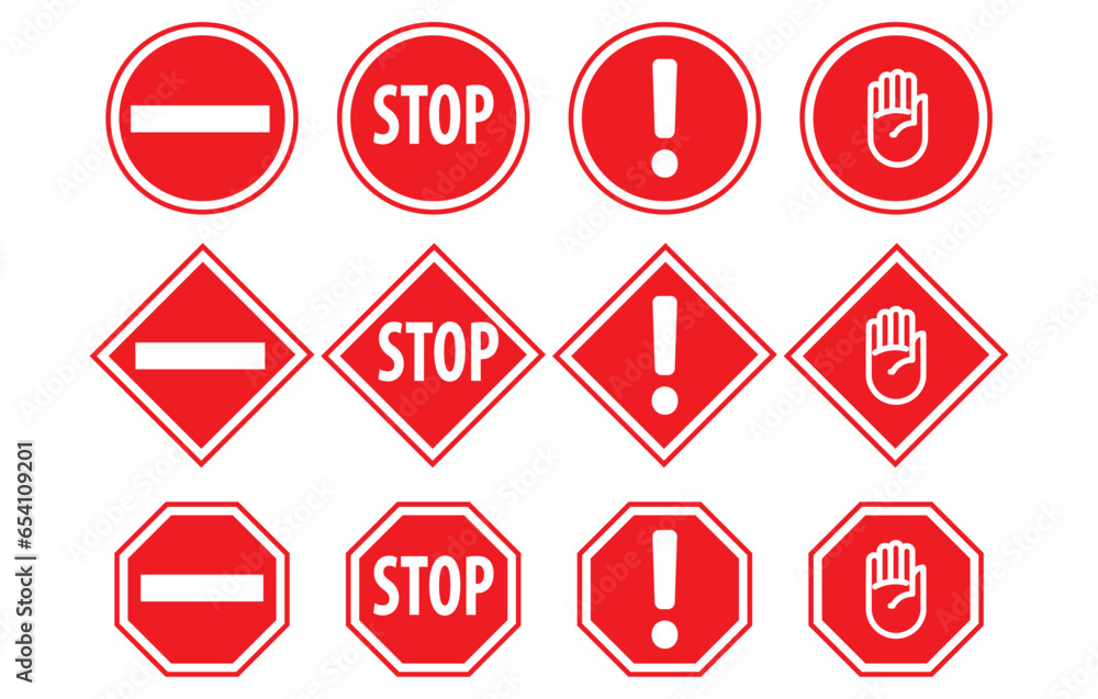 Set of red STOP signs, warning stop icons. Human palm, roadside, do not ...