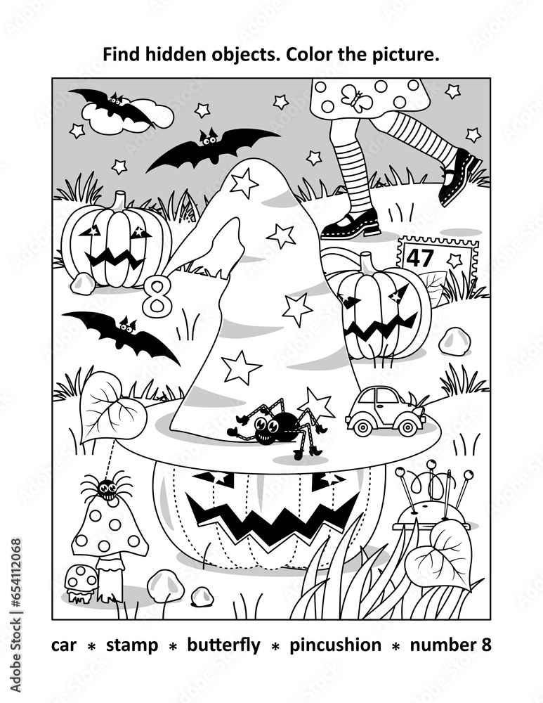 Halloween activity. Find hidden objects picture puzzle and coloring ...