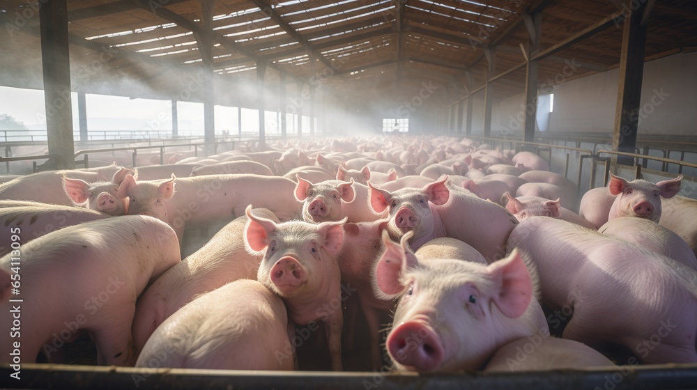 Agricultural Crops: Pigs in pig farms still eat from troughs. Food in ...