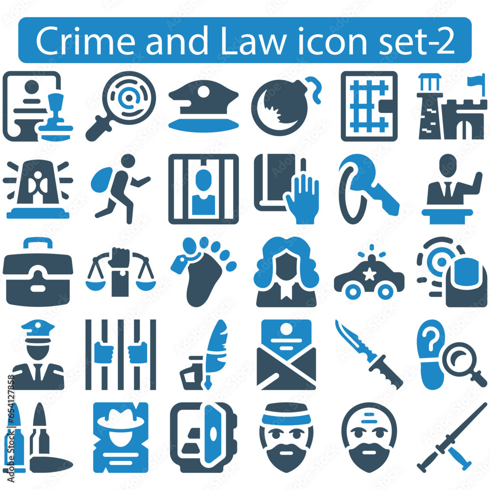 Crime, Law and Justice icon set.Containing justice law, court legal ...