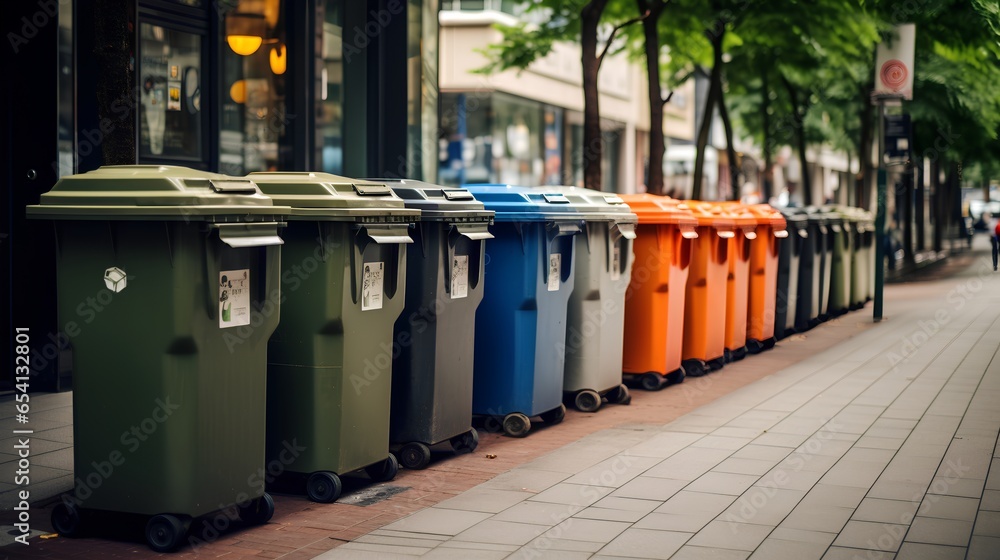 City waste bins lined up on a urban street promoting cleanliness and ...