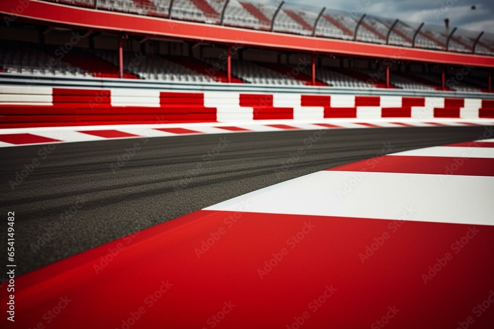 Red and white kerb on a racing circuit bend with grid signs and wheel ...