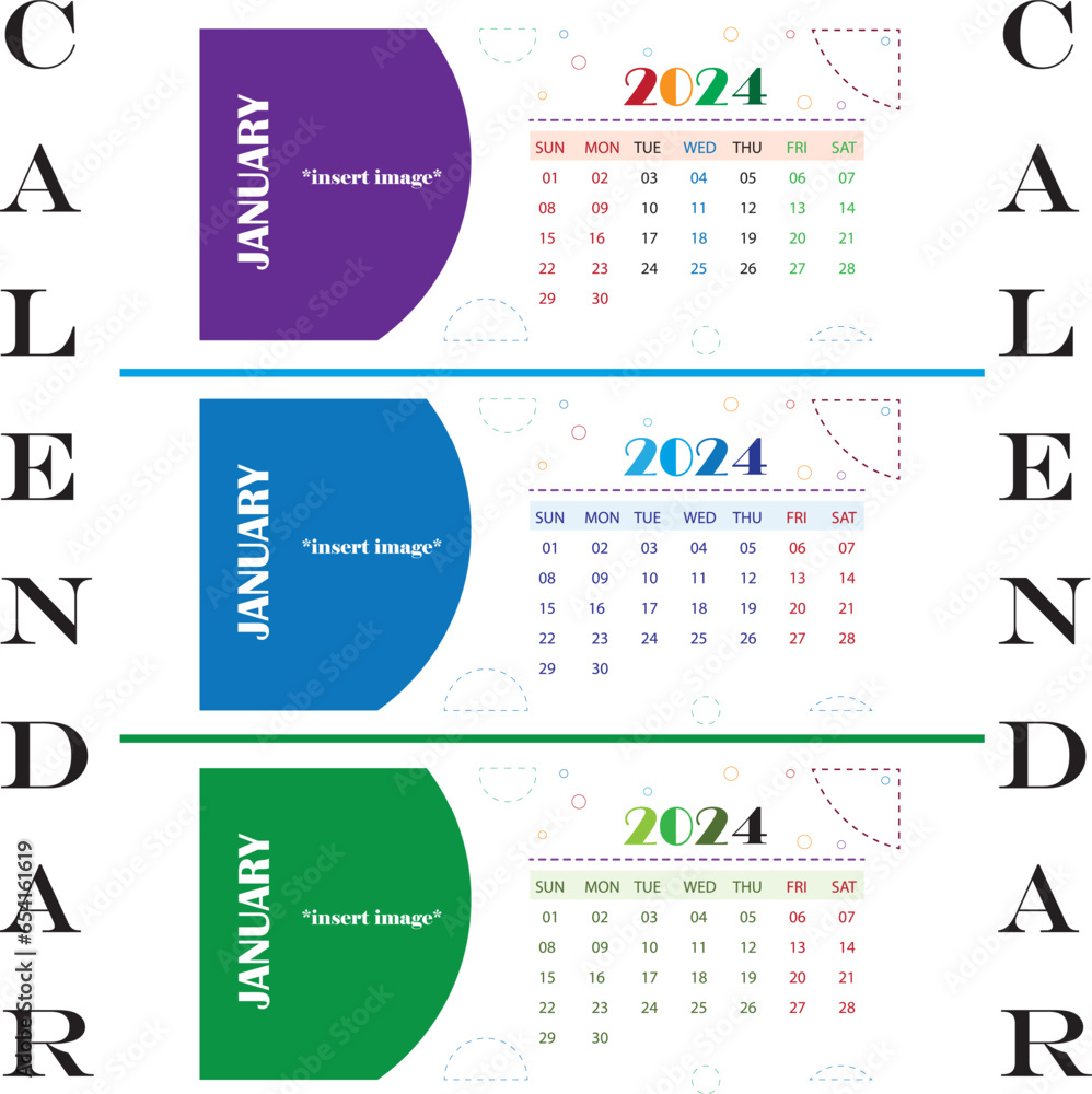 simple calendar design for 2024 in 3 different colors in vector Stock ...