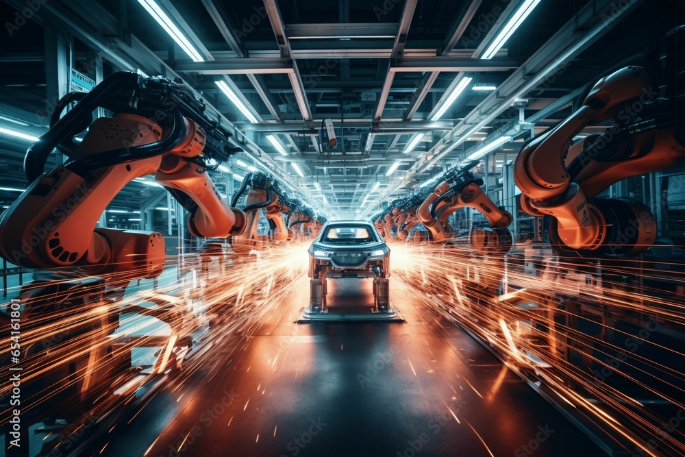 a bustling automotive assembly line, where robotic arms move in ...