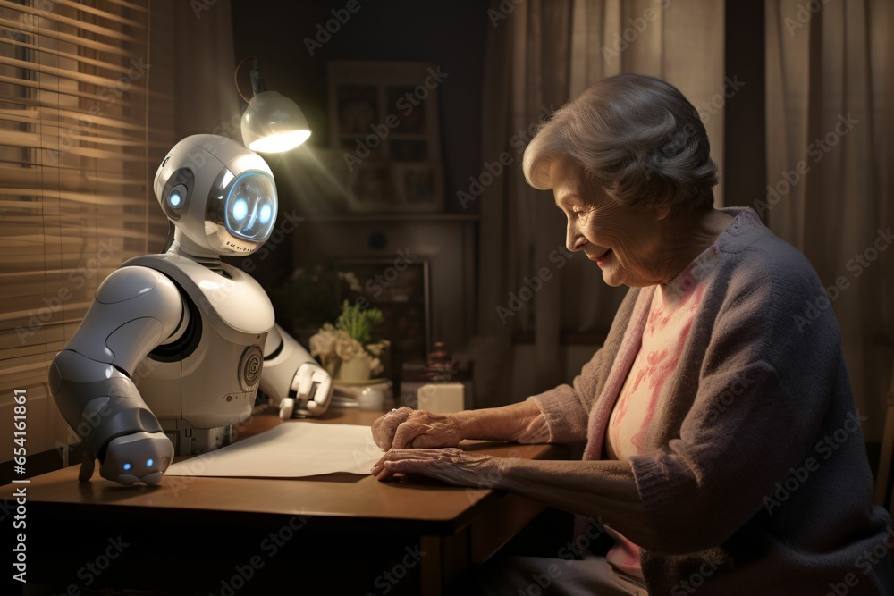 an elderly woman, her wrinkled hands adjusting the settings on a ...