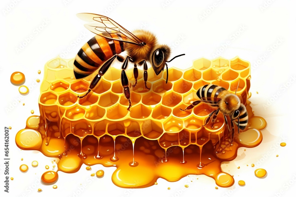An industrious bee filling hive cells with honey. Illustration on white ...