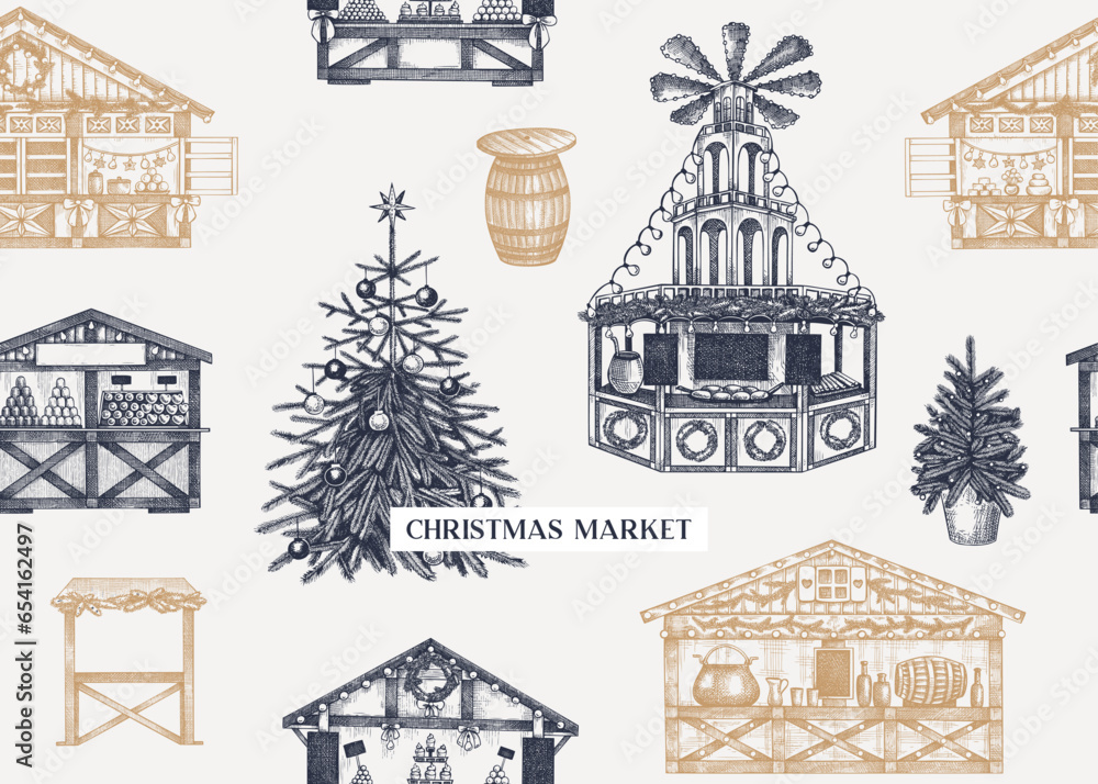Christmas market background. Hand-drawn vector illustration. Holiday ...
