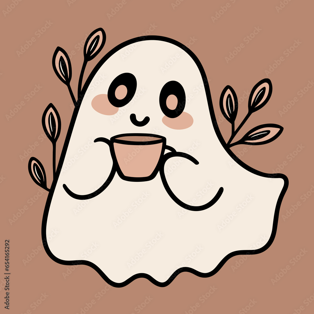 Ghost drinking coffee illustration. Sheet ghost holding a mug. Fall ...