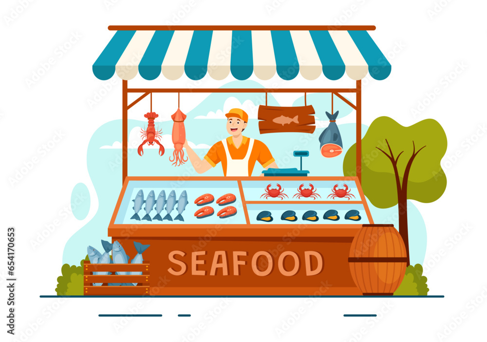 Seafood Market Stall Vector Illustration with Fresh Fish Products such ...