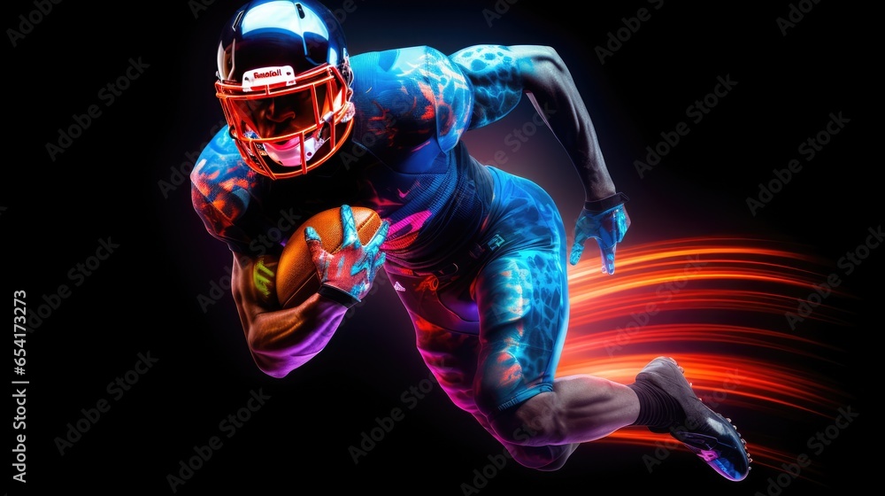 Dynamic image of a male American football player moving on a dark ...