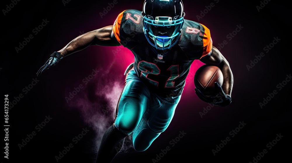 Dynamic image of a male American football player moving on a dark ...