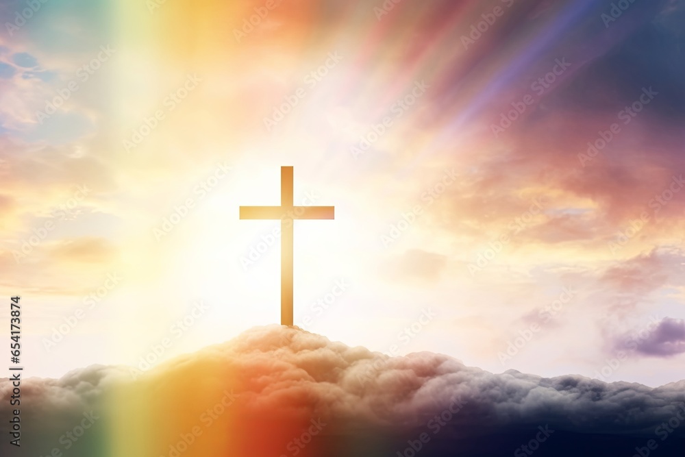 gold sunrise sky, cross jesus hope, rainbow background, golden god ...
