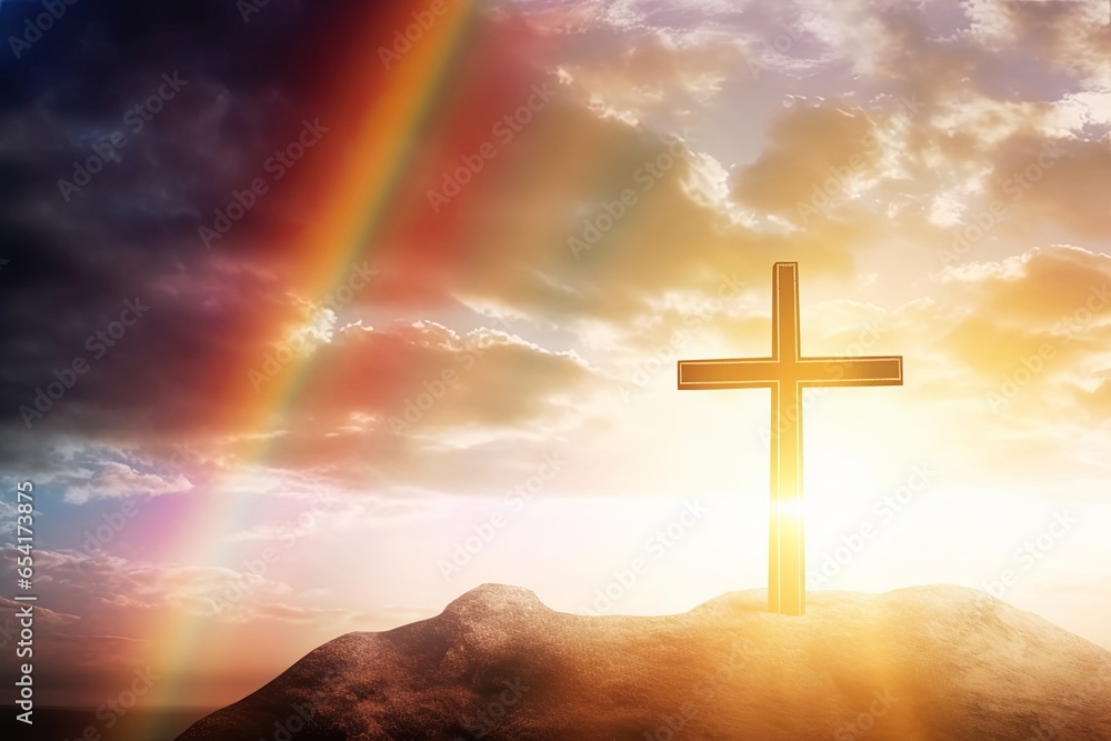 gold sunrise sky, cross jesus hope, rainbow background, golden god ...