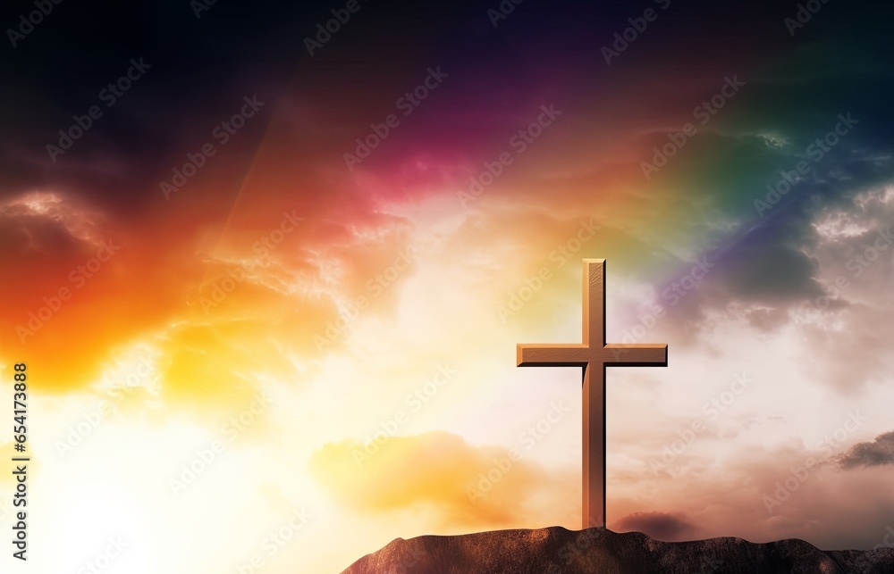 gold sunrise sky, cross jesus hope, rainbow background, golden god ...