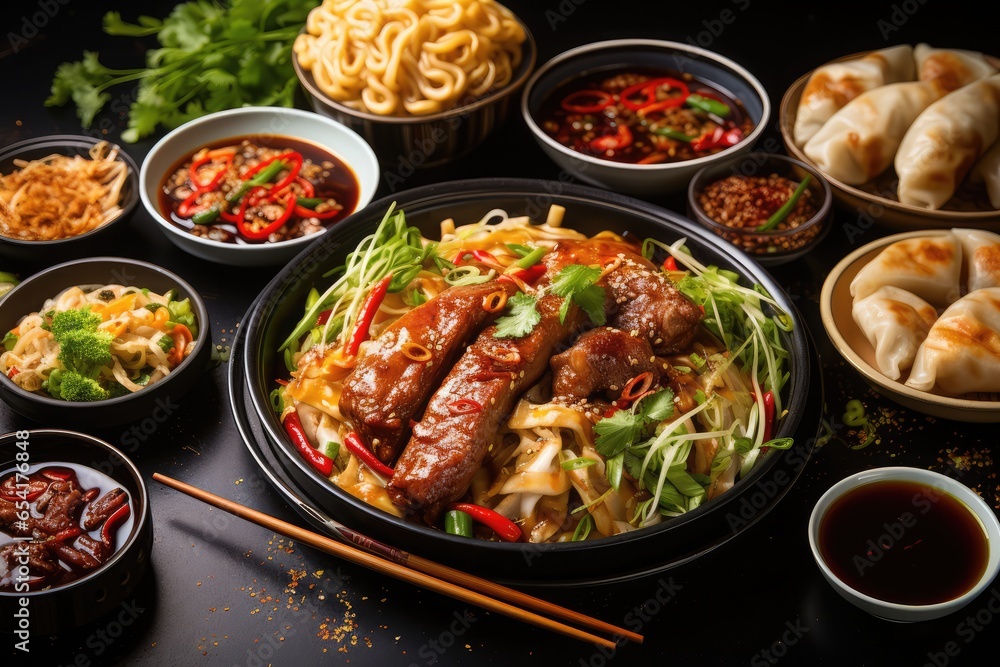 Assortment of Chinese cuisine. Chinese noodles, fried rice, dumplings ...