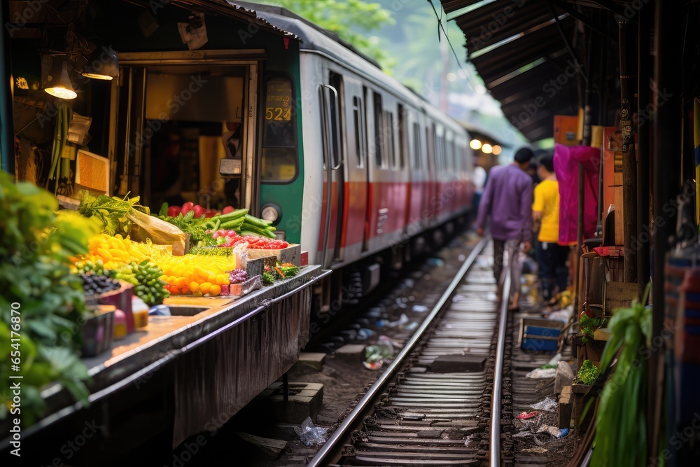 Train on tracks moving slowly through a fresh produce market on the ...
