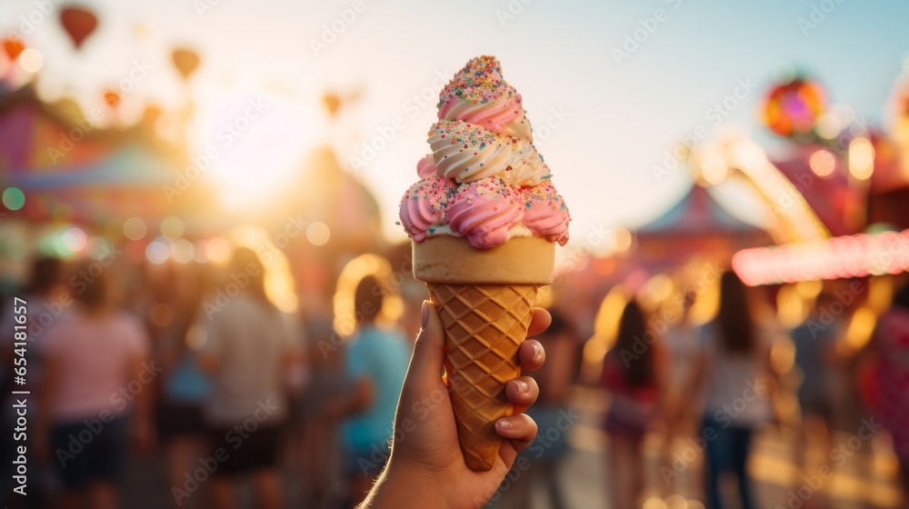 Sunset Ice Cream Cone at Summer Fair. Hand holding a soft-serve ice ...