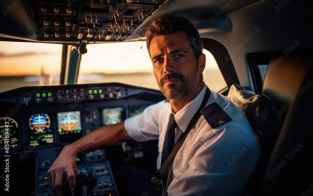Smiling middle aged pilot in a commercial airplane. Generative AI Stock ...