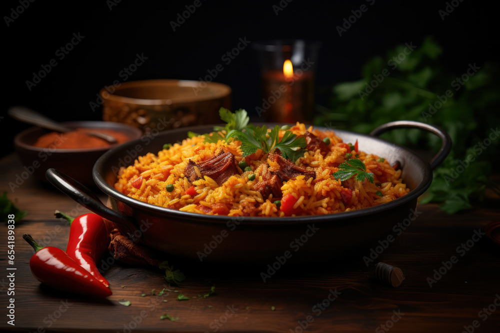 A plate of jollof rice, a West African one-pot rice dish cooked with ...