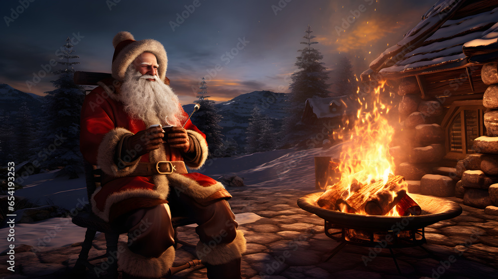 Santa Claus taking a moment of rest sipping a drink beside a roaring ...